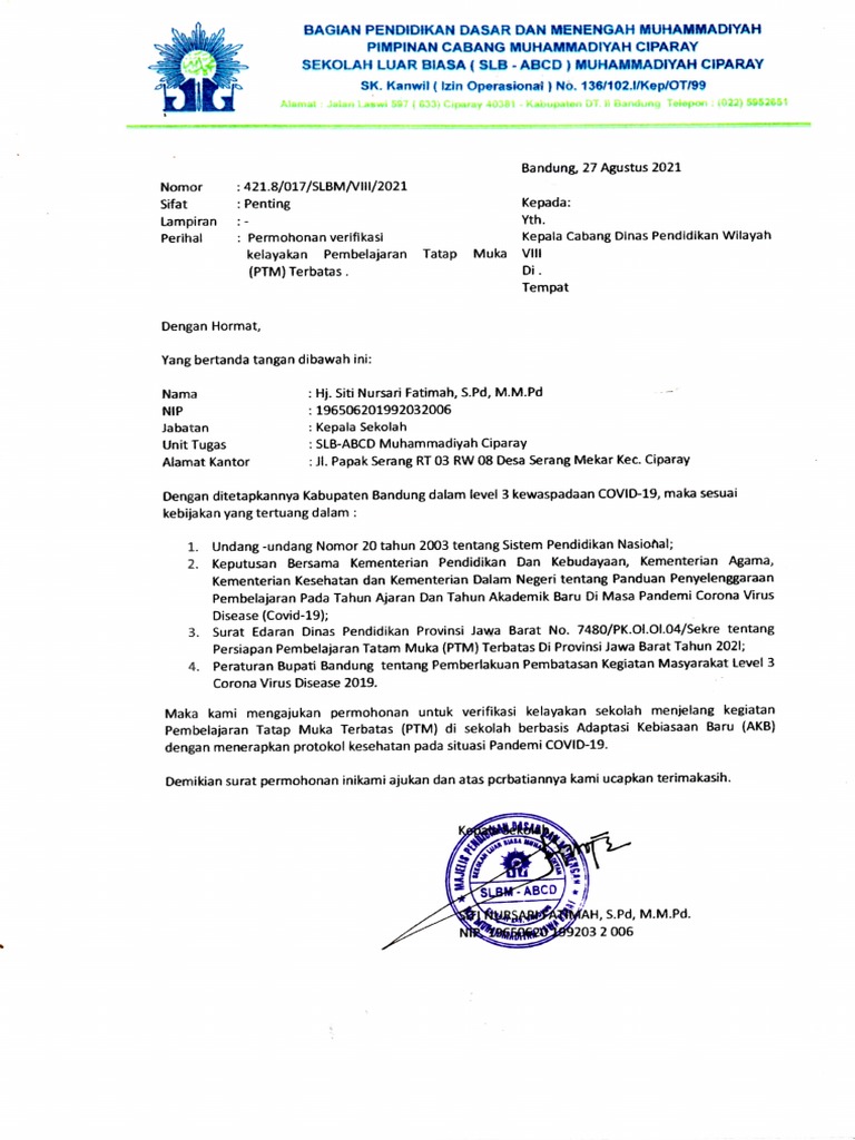 Surat Permohonan Verifikasi PTMT SLBM 2021 | PDF