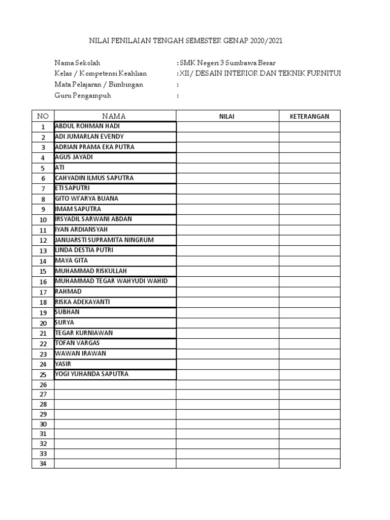 Format Nilai PTS KLS Xii | PDF