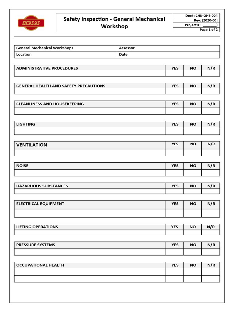 General Mechanical Workshop Safety Checklist | PDF