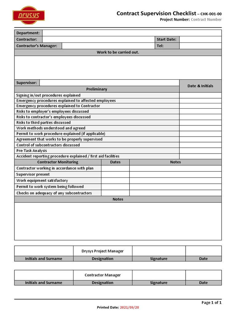 CHK-OHS-001 Contractor Supervision Checklist | PDF