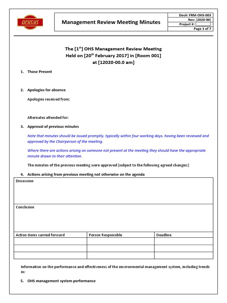 FRM-OHS-003 Management Review Meeting Minutes Template | PDF | Safety ...