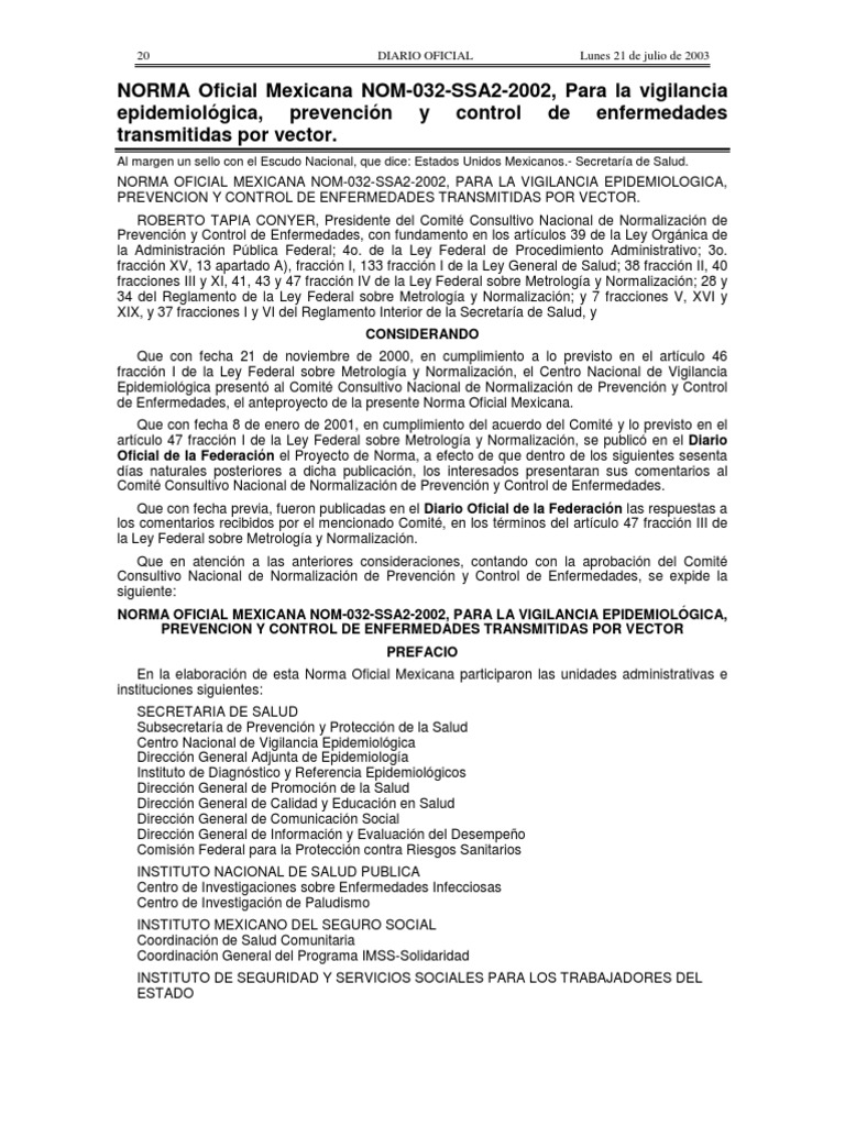 Nom 032 Ssa2 2002 | PDF | Malaria | Enfermedades de virus