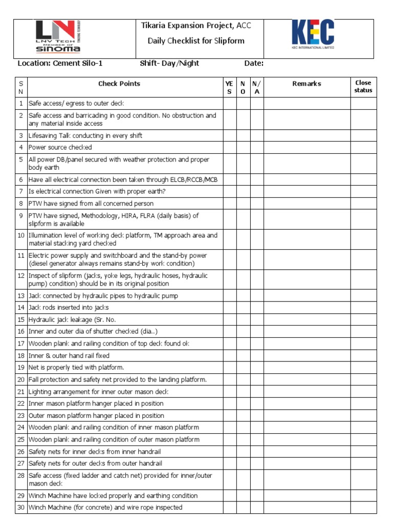 Slipform Daily Checklist | PDF | Manufactured Goods | Equipment