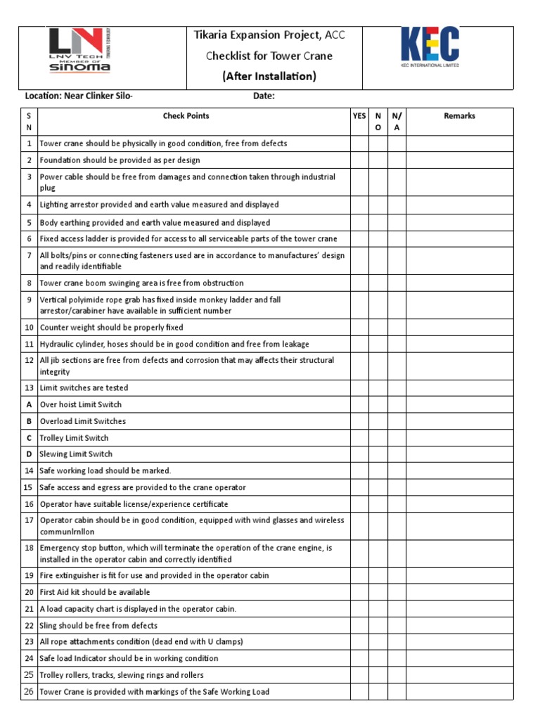 (After Installation) : Tikaria Expansion Project, ACC Checklist For Tower Crane | PDF | Crane ...