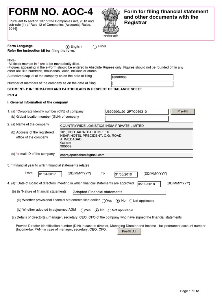 Form No. Aoc-4: Form For Filing Financial Statement and Other Documents ...