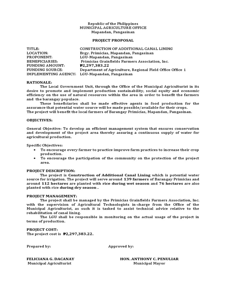Additional Canal Lining Project Proposal | PDF | Agriculture | Farmer