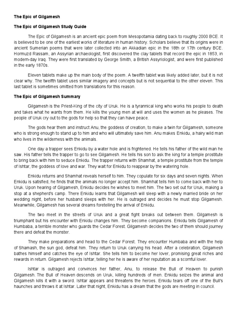 The Epic of Gilgamesh The Epic of Gilgamesh Study Guide | PDF | Epic Of ...