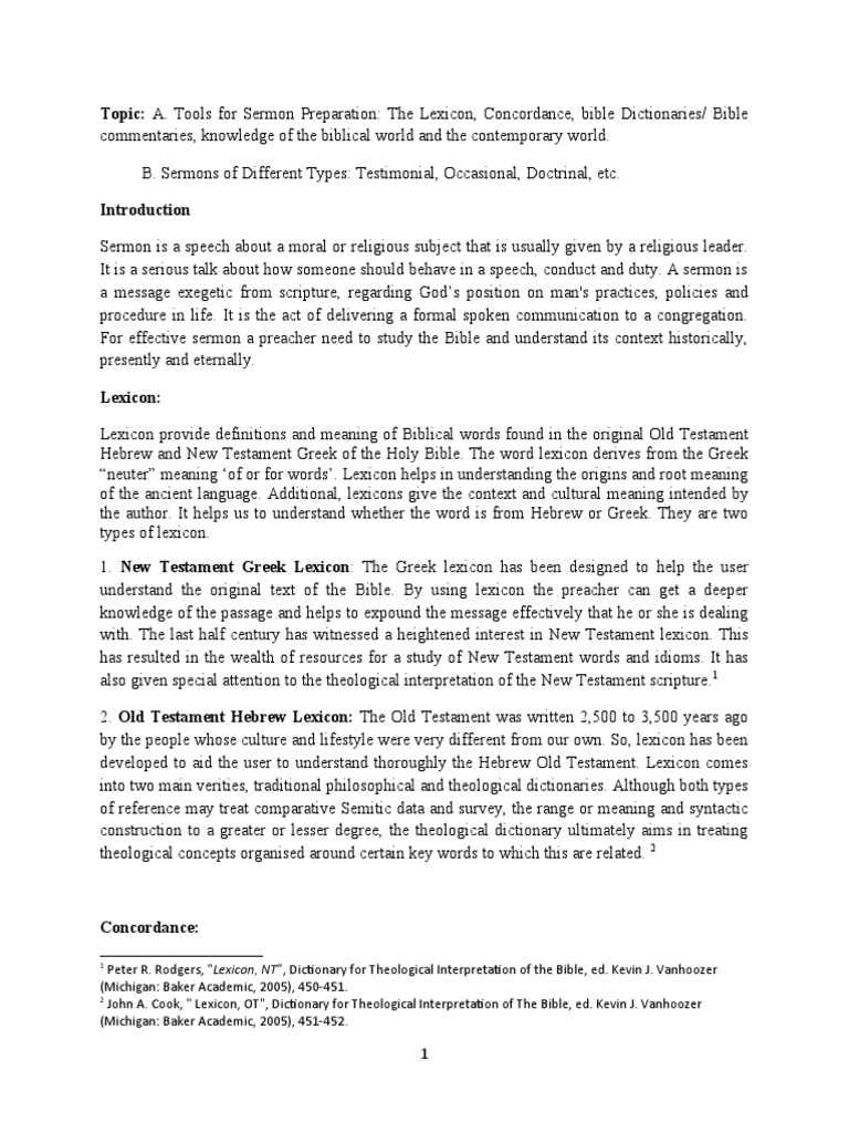 Topic: A. Tools For Sermon Preparation: The Lexicon, Concordance, Bible ...