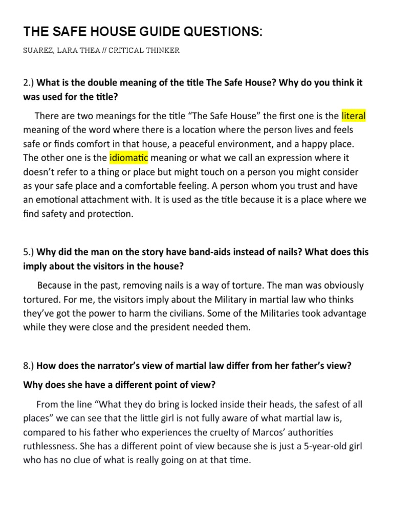The Safe House Guide Questions | PDF | Psychological Concepts | Human ...