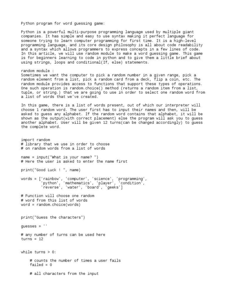 Python Program For Word Guessing Game | PDF | Python (Programming Language) | Programming Language