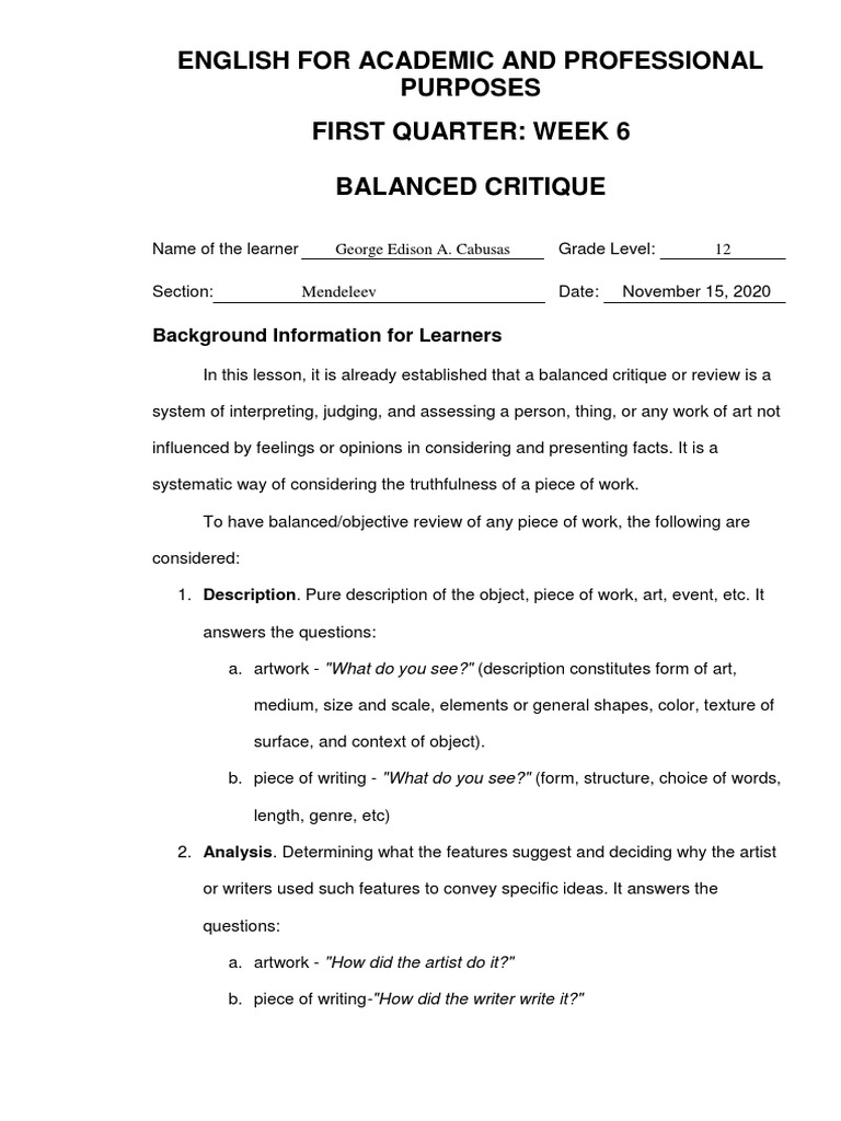 Cabusas Las g12 Eapp Wk6 Students | PDF | Paintings | Composition ...