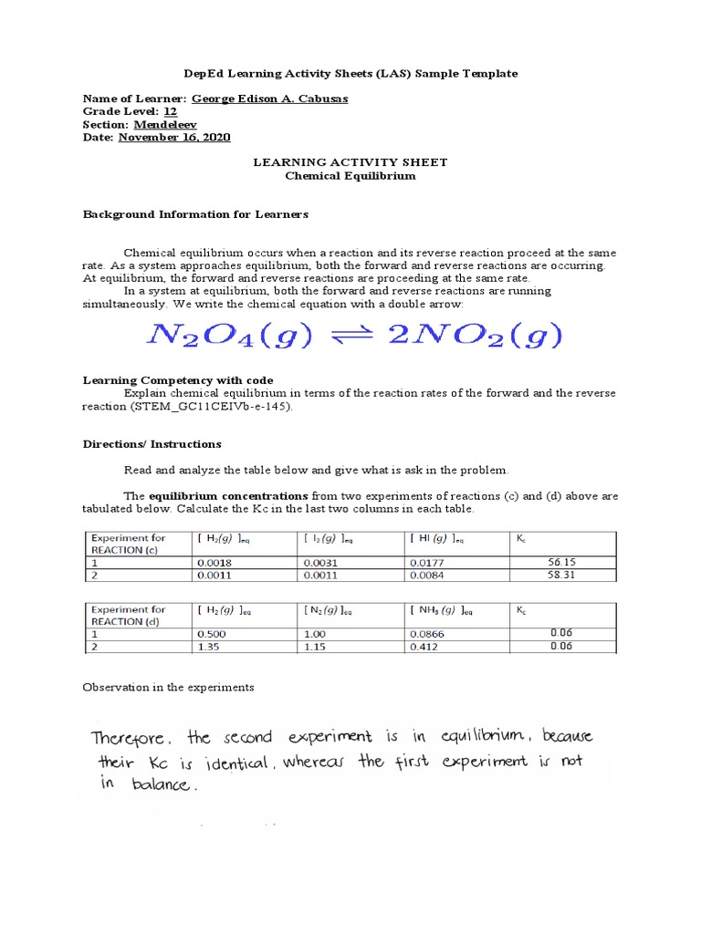 LAS General Chemistry 2 Week 6 Performance Task | PDF | Chemical Equilibrium | Chemical Reactions