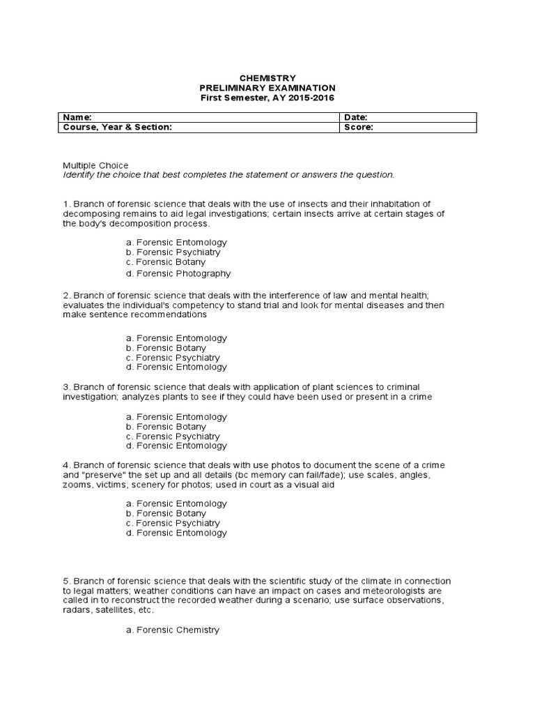 Forensic Science Preliminary Exam 2015 | PDF | Forensic Science | Blood