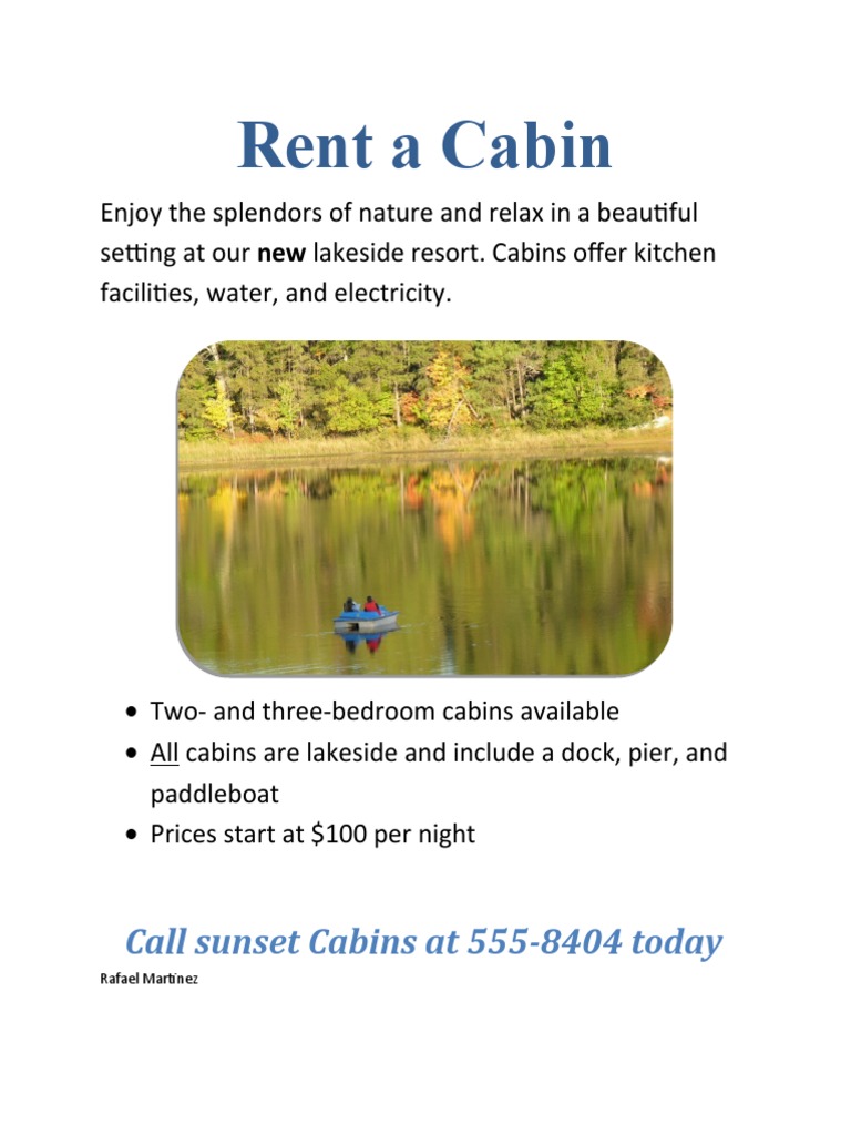 Rent A Cabin Flyer | PDF | Cooking, Food & Wine