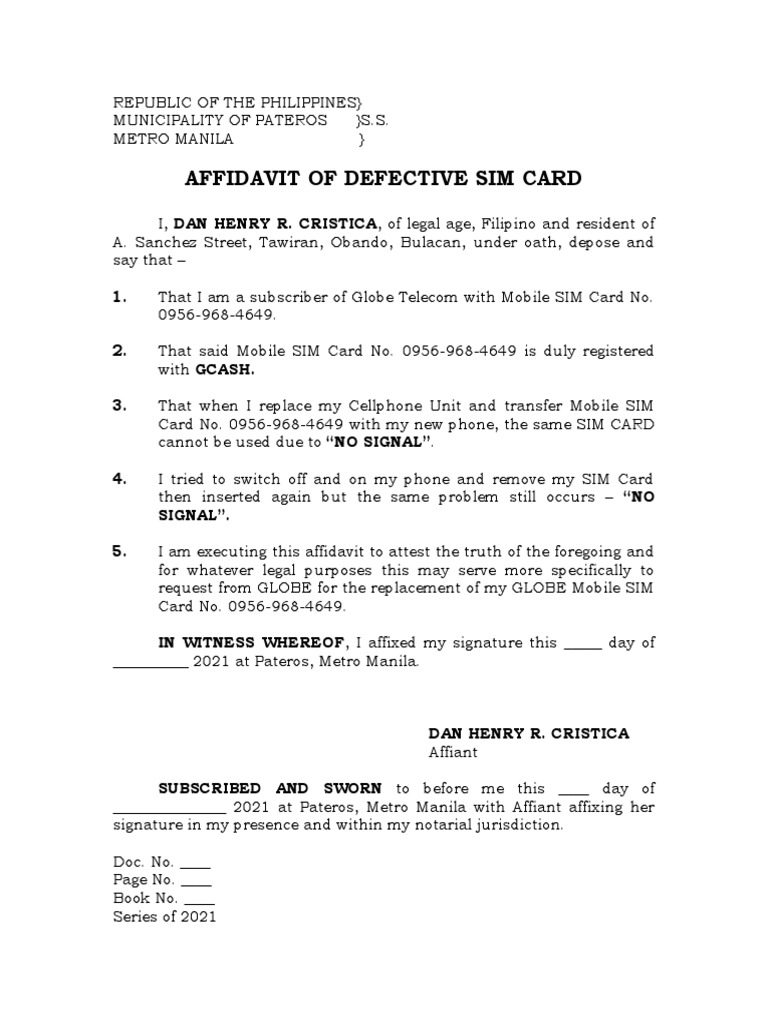 Affidavit of Defective SIM Card | PDF