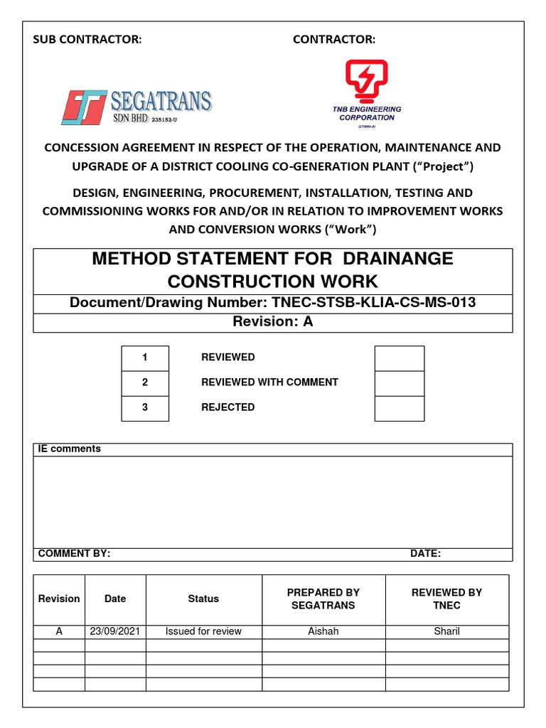 Method Statement For Drainange Construction Work: Document/Drawing Number: TNEC-STSB-KLIA-CS-MS ...