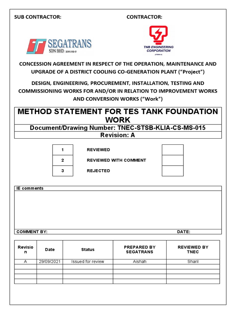 TES Tank Foundation Method of Statement | PDF | Personal Protective ...