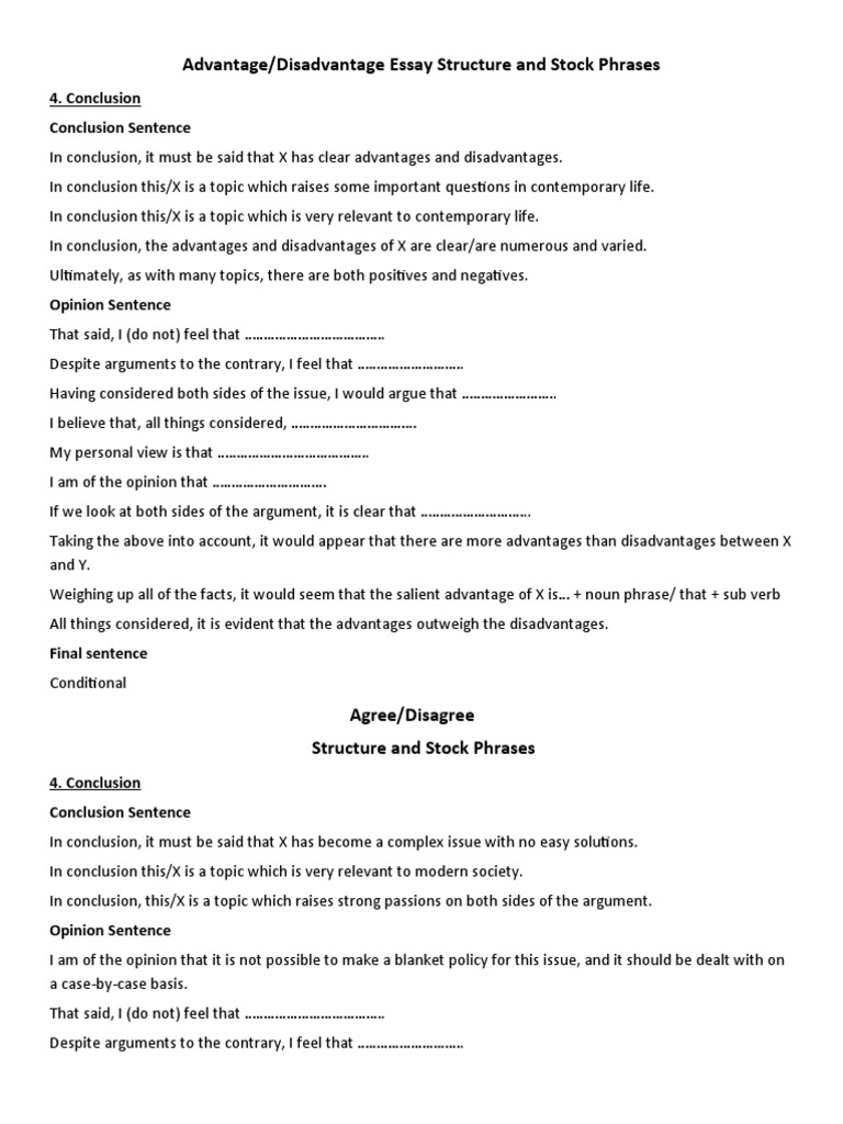 Advantage/Disadvantage Essay Structure and Stock Phrases: 4. Conclusion ...
