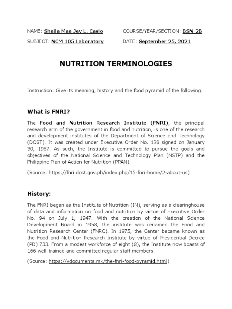 Nutrition Terminologies What Is FNRI PDF United States Department