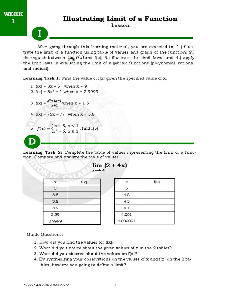Illustrating Limit of A Function: Week 1 | PDF | Function (Mathematics) | Polynomial