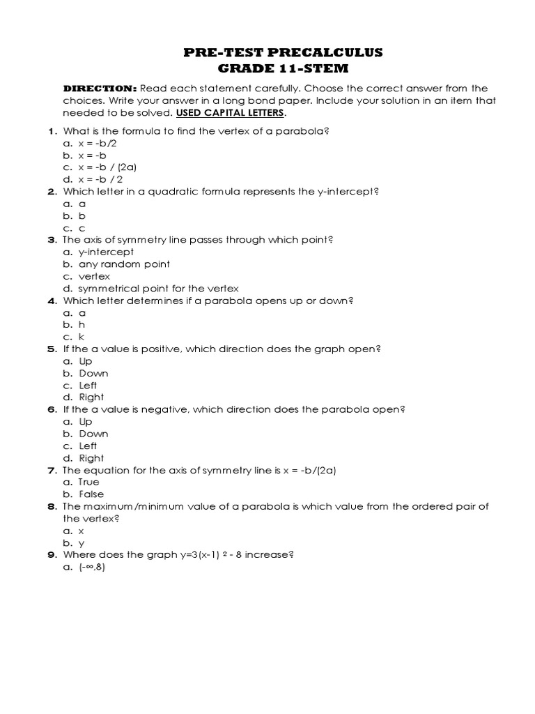 Pre-Test Precalculus Grade 11-Stem: DIRECTION: Read Each Statement ...