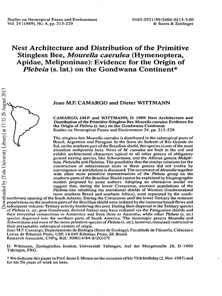 Nest Architecture and Distribution of The Primitive Stingless Bee ...