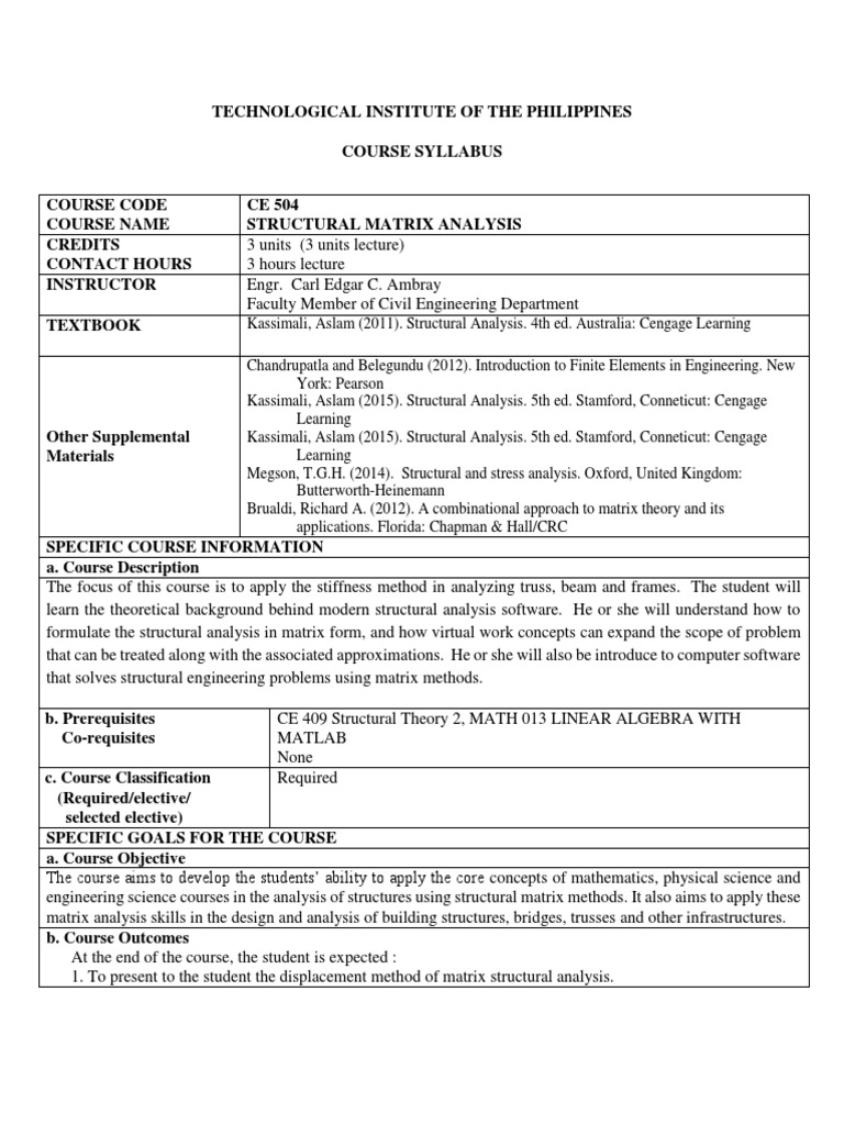 CE 504 Matrix Syllabus | PDF | Structural Analysis | Matrix (Mathematics)