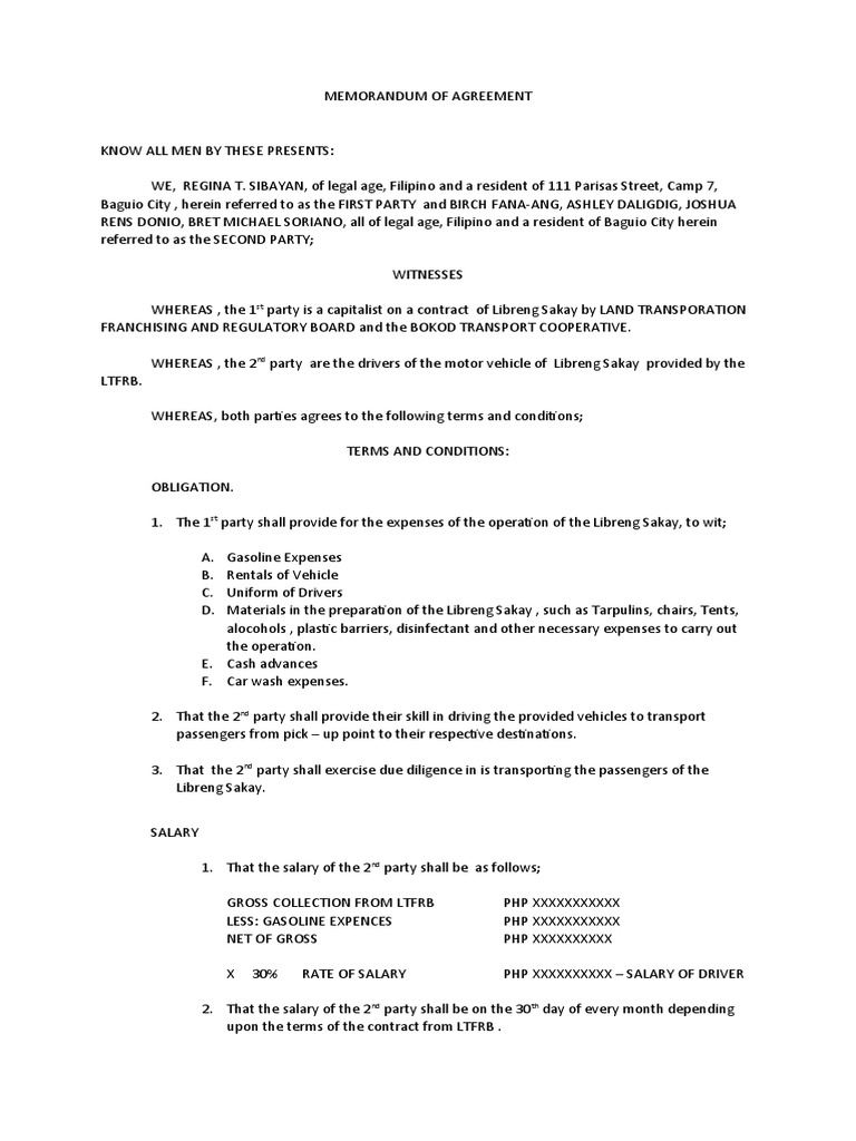 Memorandum of Agreement Driver Bokod | PDF | Land Transport | Vehicles