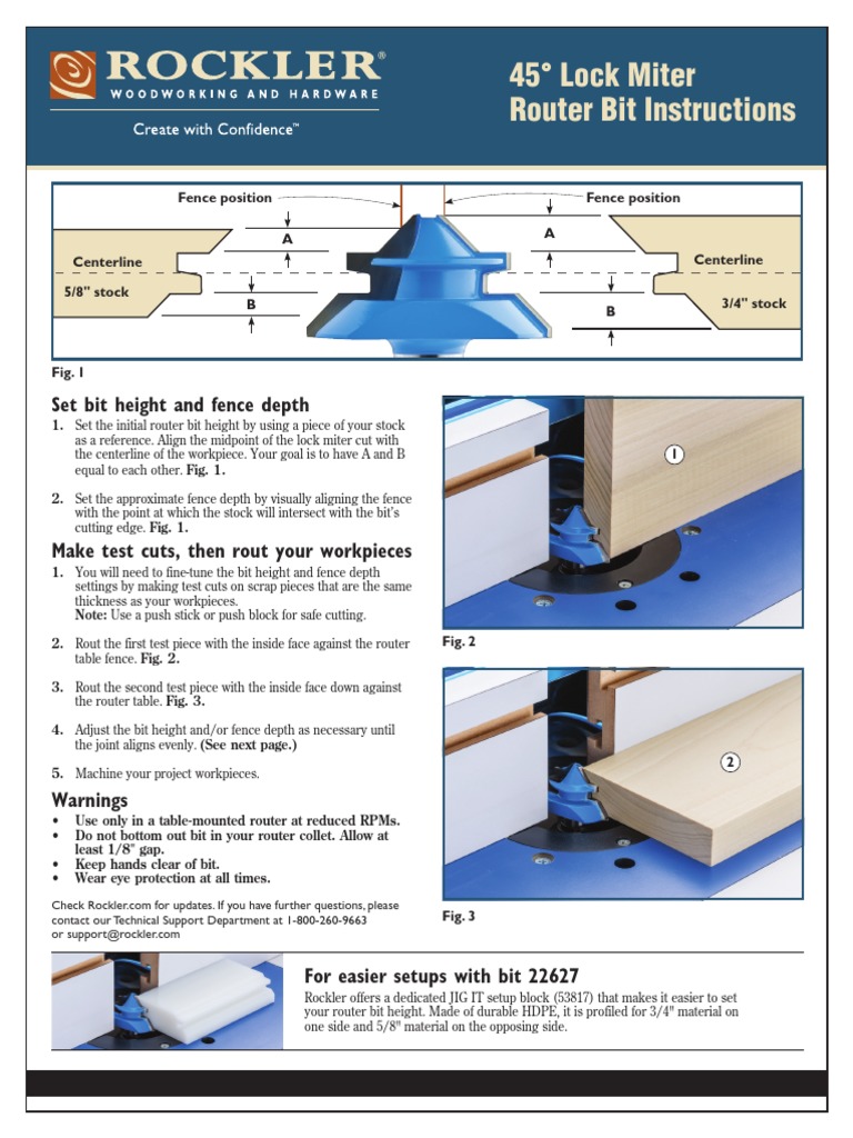 45° Lock Miter Router Bit Instructions: Set Bit Height and Fence Depth ...