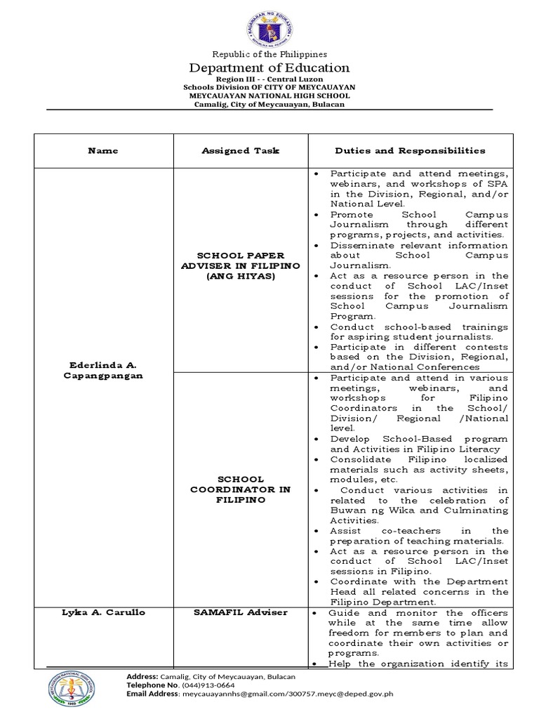 Duties and Responsibilities - Filipino Department | PDF | Learning ...