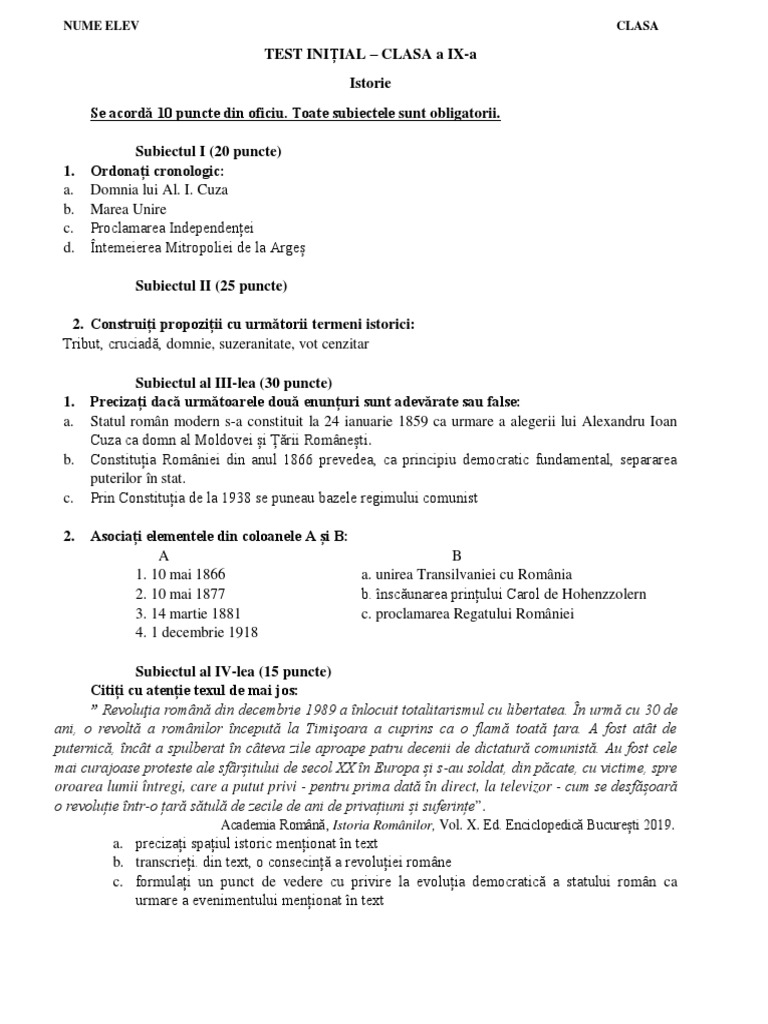 Test - Initial - Istorie Ix A | PDF