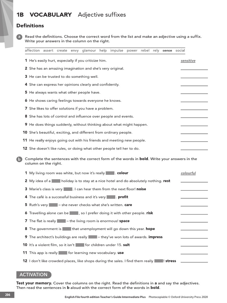 EnglishFile4e Intermediate Plus TG PCM Vocab 1B | PDF | Adjective