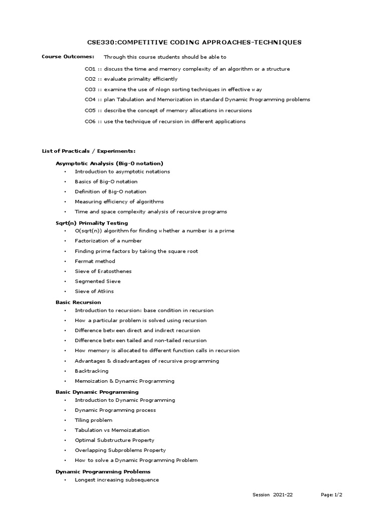 Cse330:Competitive Coding Approaches-Techniques: Course Outcomes | PDF | Dynamic Programming ...