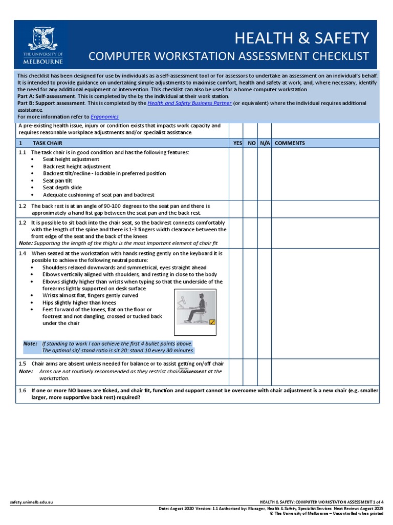 Health & Safety: Computer Workstation Assessment Checklist | PDF | Chair | Desk