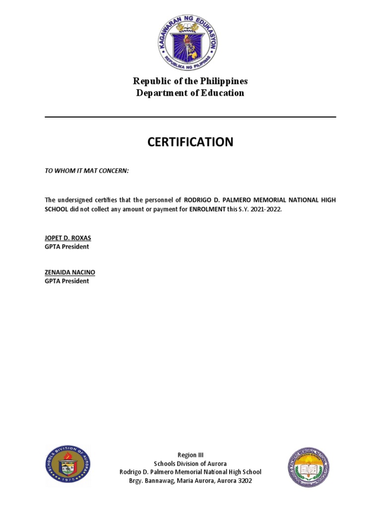Certification: Republic of The Philippines Department of Education | PDF