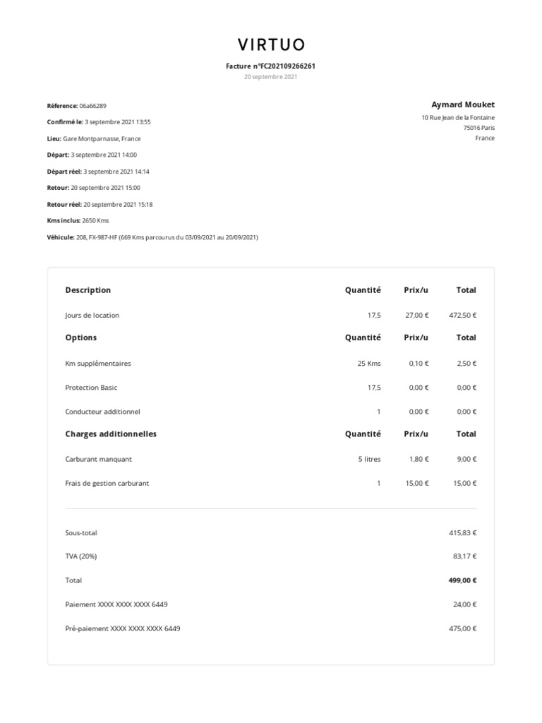 Facture Location Voiture Septembre 2021 | PDF