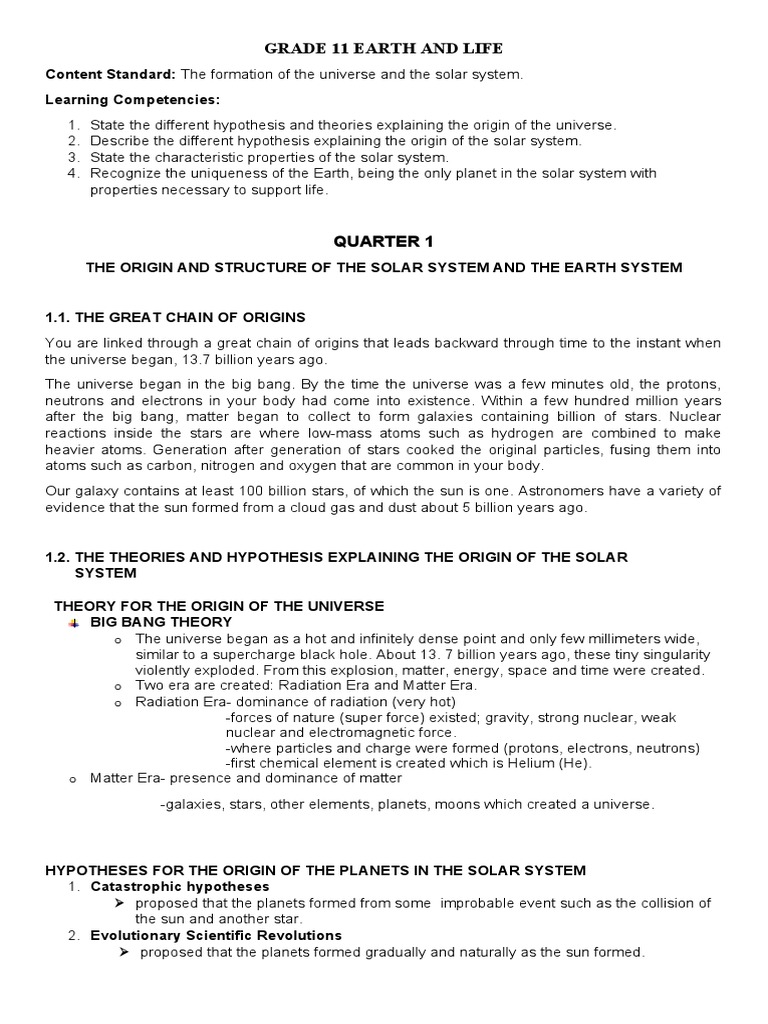 GRADE 11 EARTH AND LIFE Quarter 1 | PDF | Solar System | Formation And ...
