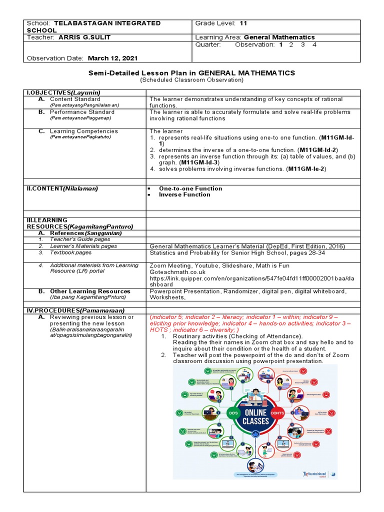 Detailed-Lesson-Plan-One To One Function and Inverse Function | PDF ...
