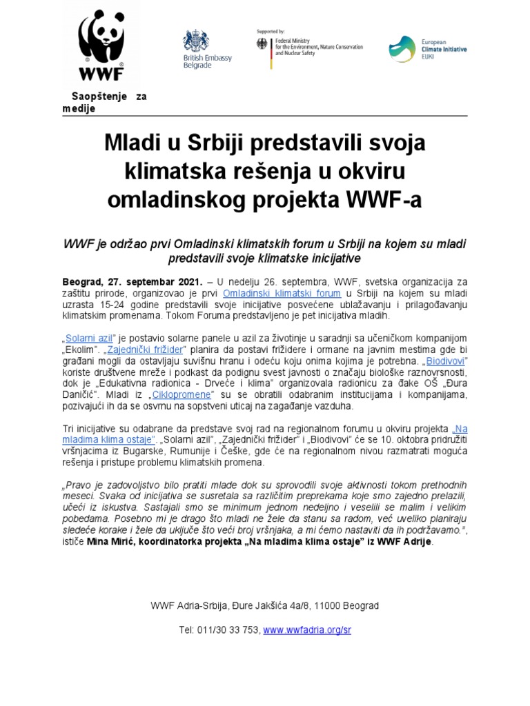Mladi U Srbiji Predstavili Svoja Klimatska Rešenja U Okviru Omladinskog Projekta WWF-a | PDF