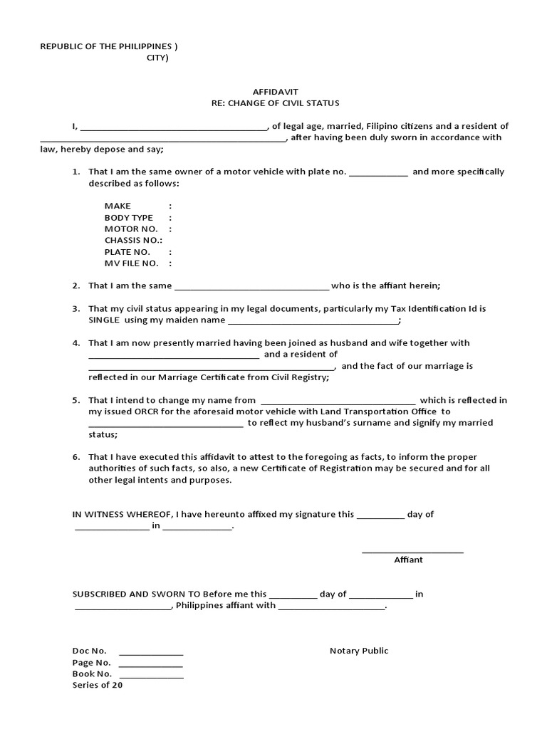 AFFIDAVIT of Change in Civil Status BLANK | PDF | Affidavit | Written ...