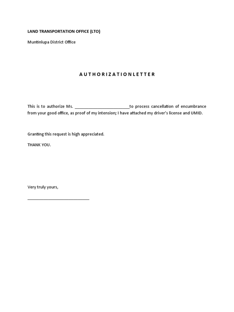 Athorization Letter For Encumbrance | PDF