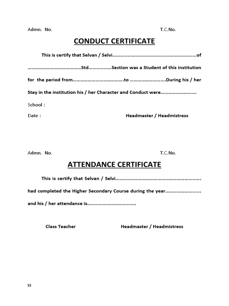 Attendance and Conduct Certificate Format | PDF