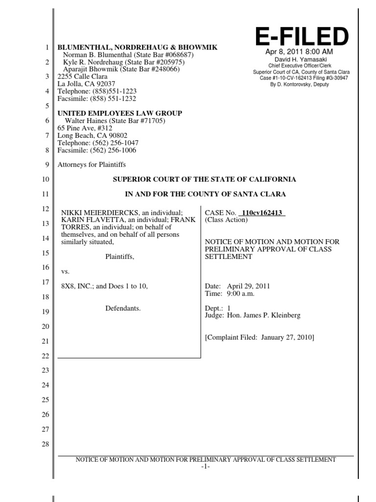 Notice of Motion and Motion for Preliminary Approval of Class Action ...