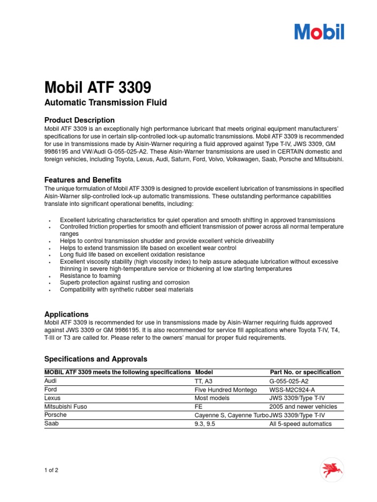 Mobil ATF 3309: Automatic Transmission Fluid | PDF | Automotive ...
