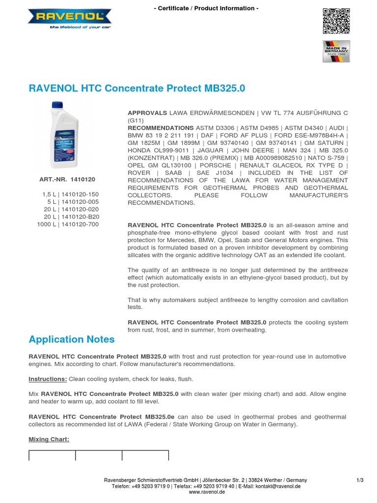 RAVENOL HTC Concentrate Protect MB325.0 | PDF | Automotive Industry ...