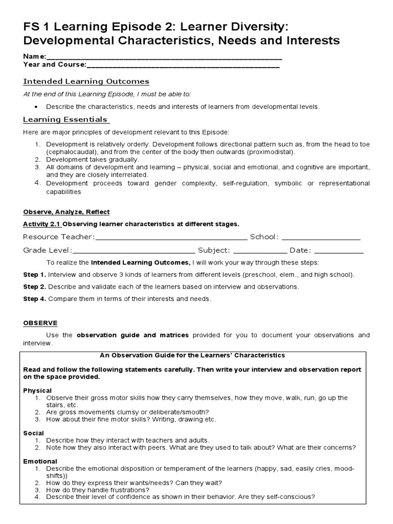 Understanding Learner Diversity: Comparing the Developmental Characteristics, Needs and ...