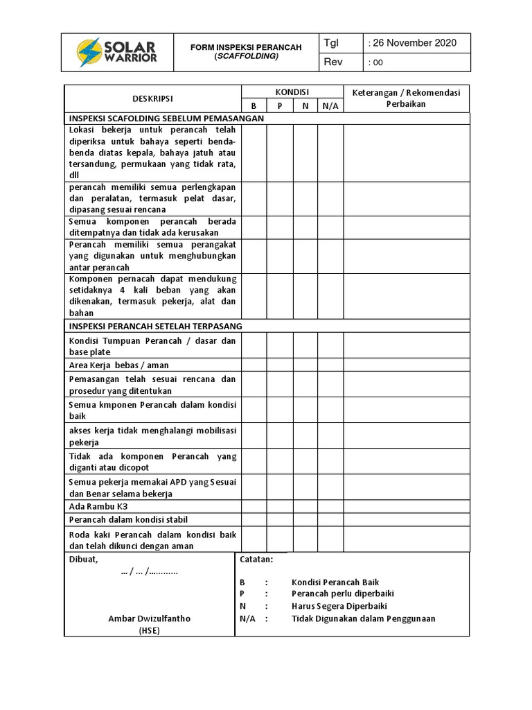 Form Inspeksi Scaffolding Lengkap | PDF