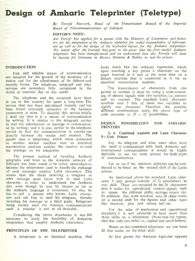 Design of Amharic Teleprinter (Teletype) : by Raswork, The Imperial Board Ethiopia | PDF ...