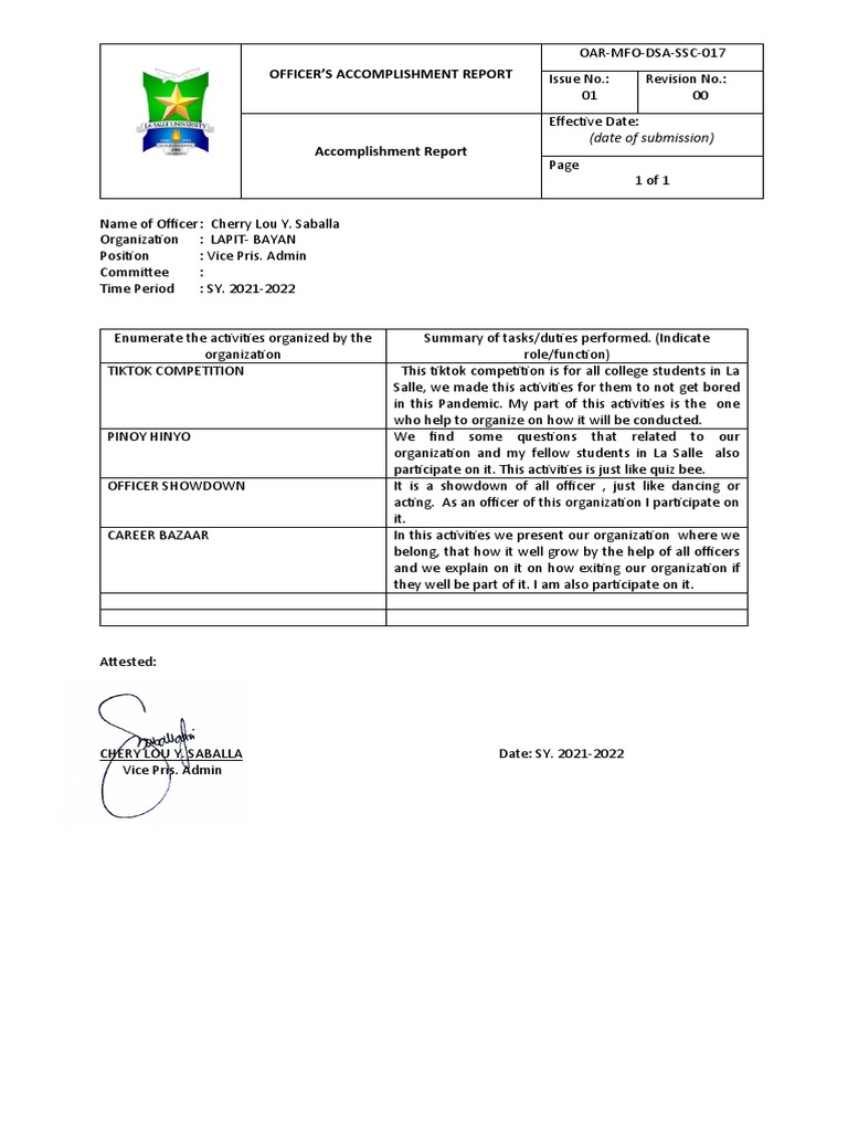 Officer'S Accomplishment Report: (Date of Submission) | PDF