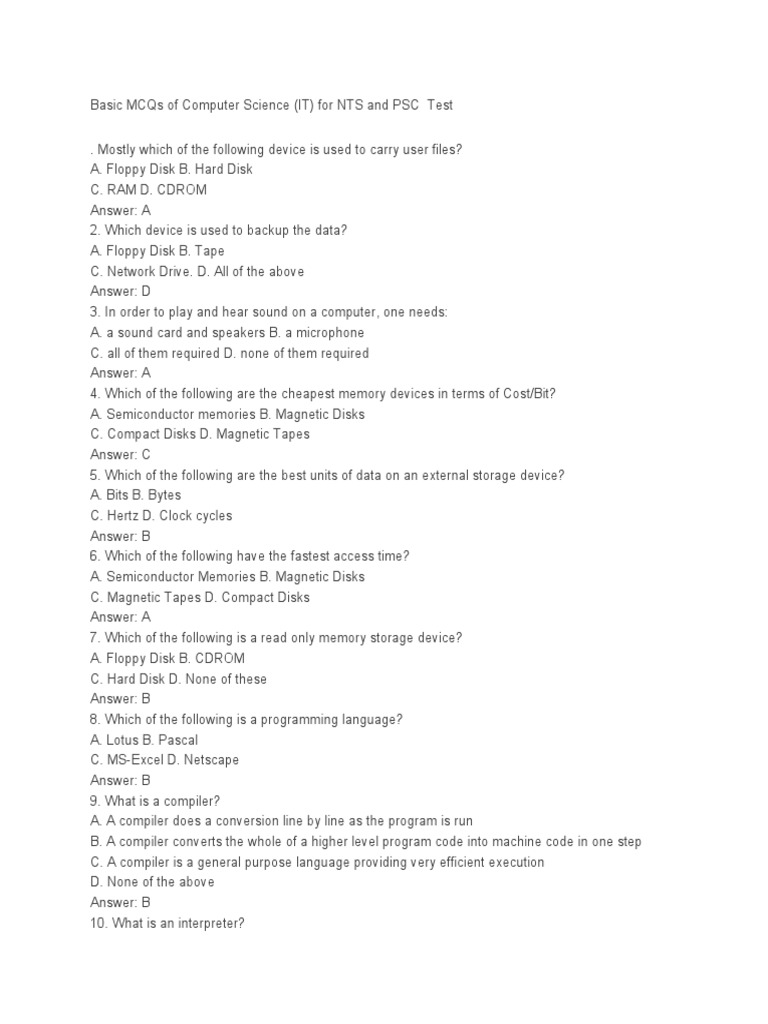 Basic MCQs of Computer Science | PDF | Computer Data Storage | Hard ...